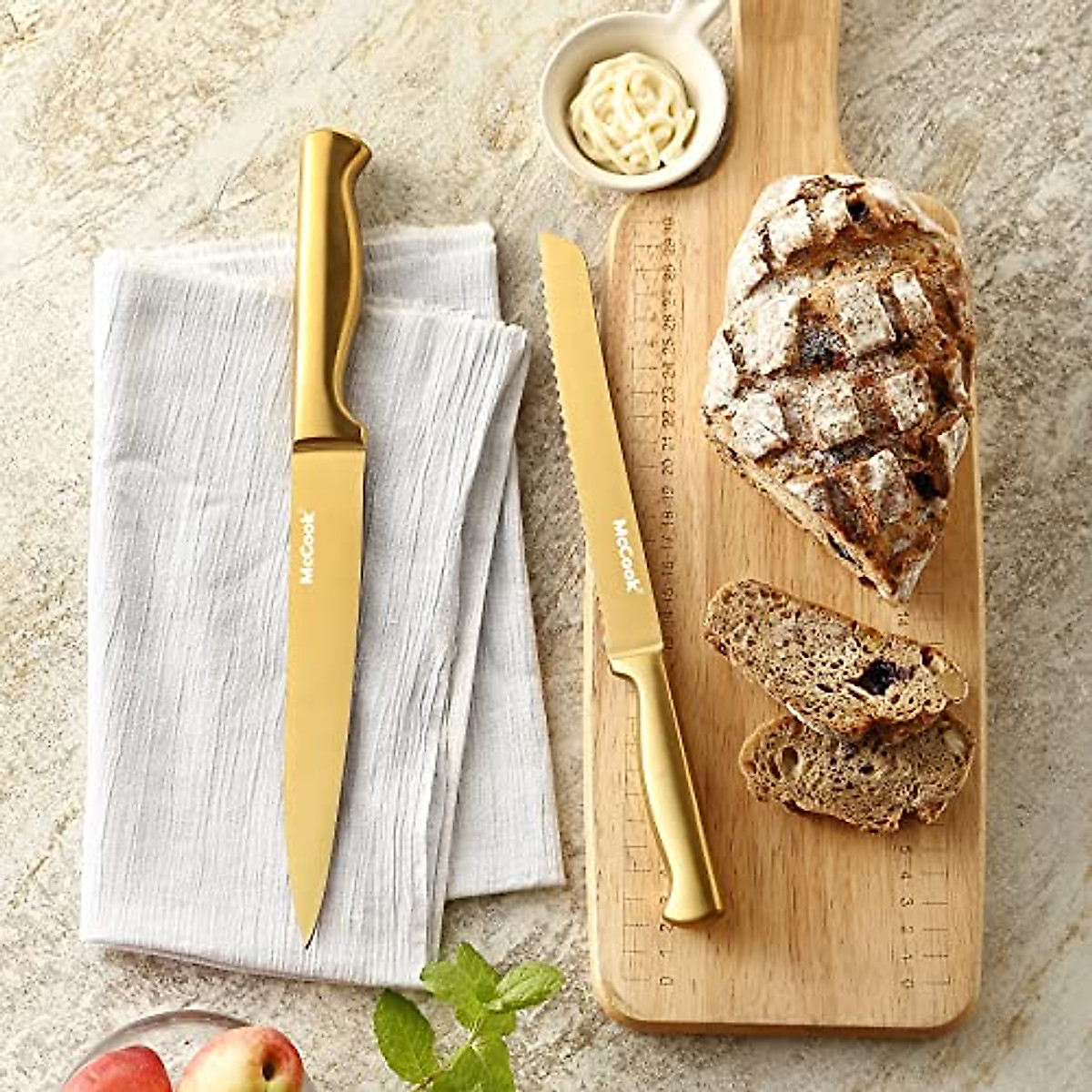 McCook® MC21G Knife Sets,15 Pieces Luxury Golden Titanium Kitchen Knife Block Sets with Built-in Sharpener