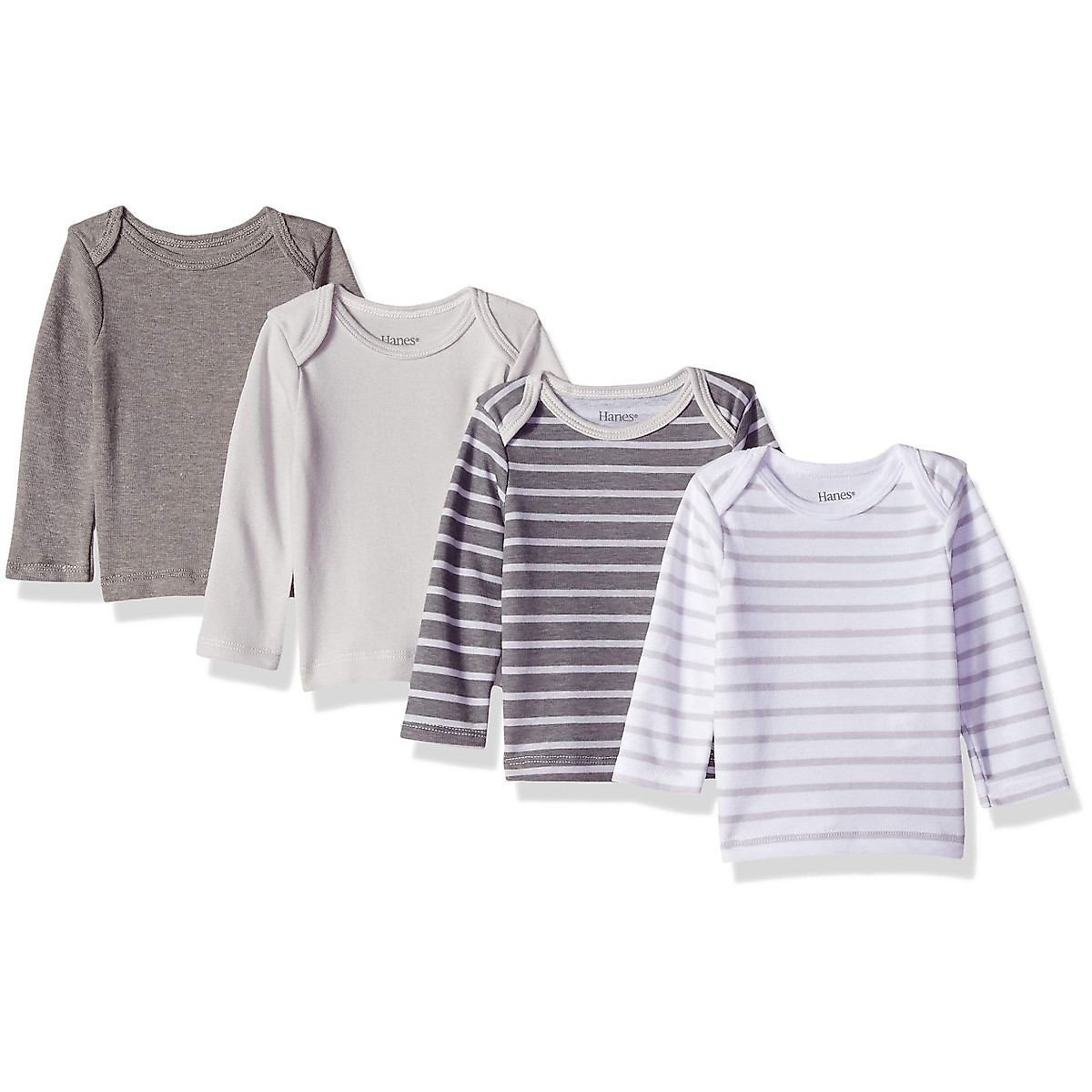 Hanes Kids Long-Sleeve Undershirt, Flexy Soft Knit Expandable Shoulder Pullover for Babies & Toddlers, 4-Pack, Grey/White/Stripes, 18-24 Months