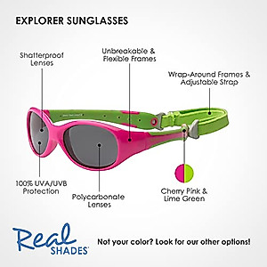 REAL SHADES Unbreakable Kids Sunglasses - 100% UV Protection and Shatterproof Lens with Adjustable Strap for Boys and Girls, Cherry Pink/Lime Green, Baby 0+