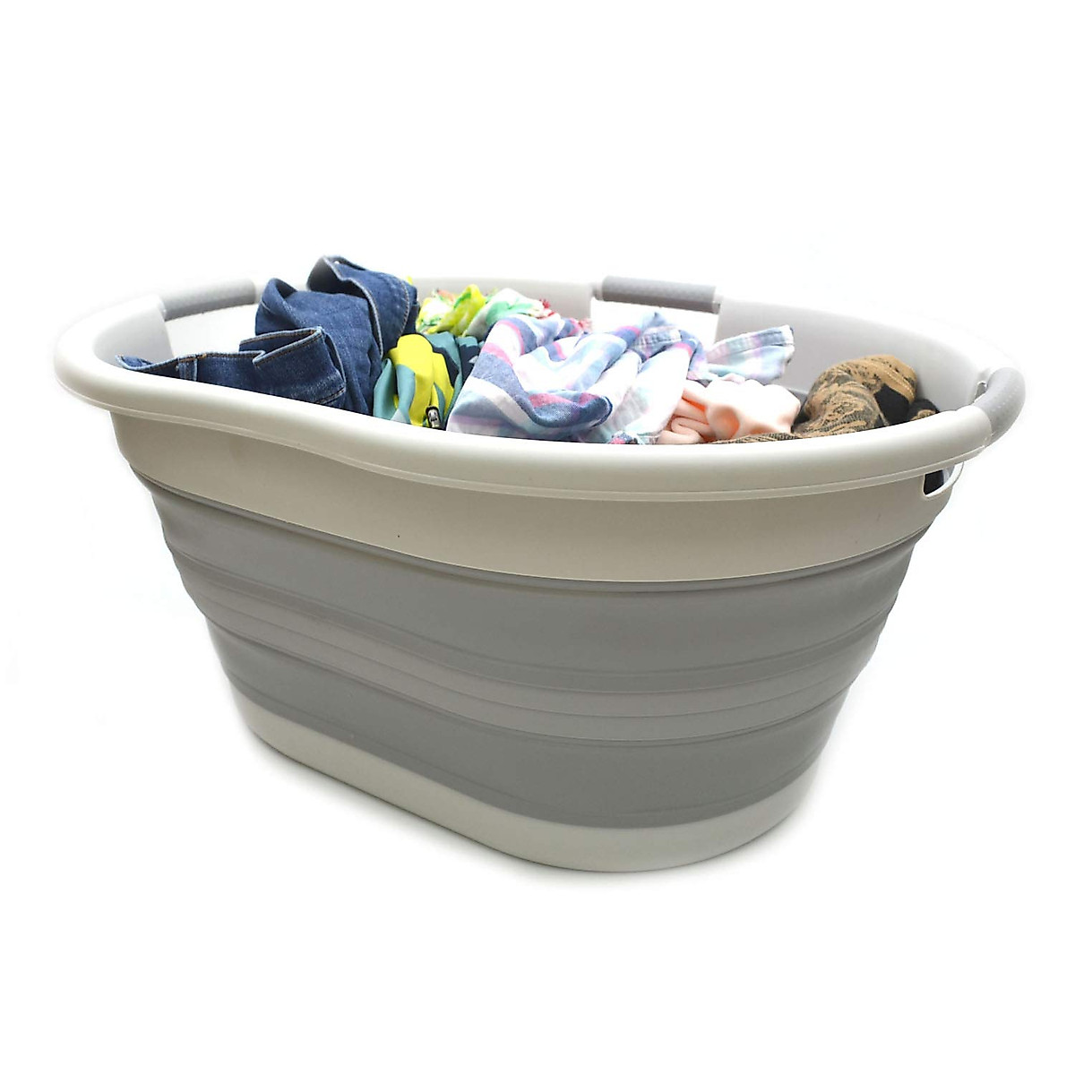 SAMMART 57L (15 Gallons) Collapsible 3-Handled Plastic Laundry Basket - Oval Tub - Portable Washing Tub-Space Saving Laundry Hamper, Water Capacity 44L / 11.6 Gallon (1, Grey)