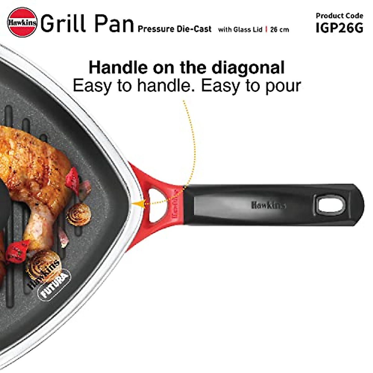 Hawkins 26 cm Grill Pan, Non Stick Die Cast Grilling Pan with Glass Lid, Square Grill Pan for Gas Stove, Ceramic Coated Pan, Roast Pan, Red (IGP26G)