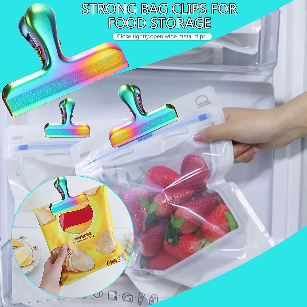 BENBO 8 Packs Stainless Steel Bag Clips, Heavy Duty Metal Bag Clips Food Clip Strong Snack Clips Tightly Seals Chip Coffee Bread Cereal Bags Clips for Home Kitchen Office Camping, 2 Sizes (Colorful)