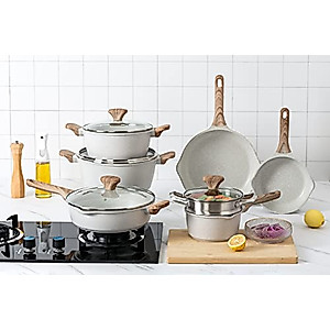 Country Kitchen Nonstick Induction Cookware Sets - 11 Piece Nonstick Cast Aluminum Pots and Pans with BAKELITE Handles - Induction Pots and Pans with Glass Lids -Cream