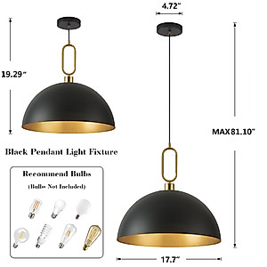 CWarmozy 17.7'' Farmhouse Vintage Pendant Lighting Black and Gold Pendant Light Fixtures Large Dome Chandelier for Kitchen Island, Hallway, Dining Room, Bedroom