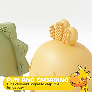 Teethers for Babies 6-12 Months Pack of 2 Wearable Weaning Pacifier Teether Toy - Little Chick Mini Dino Pacifier Silicone Toys for Babies - Yellow and Green by Muqee Peeko