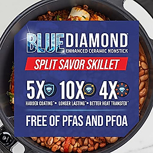 Blue Diamond Ceramic Nonstick Split Savor, 5.5QT Electric Skillet Hot Pot with Divider, Dishwasher Safe, Adjustable Temperature Control, PFAS-Free, Blue