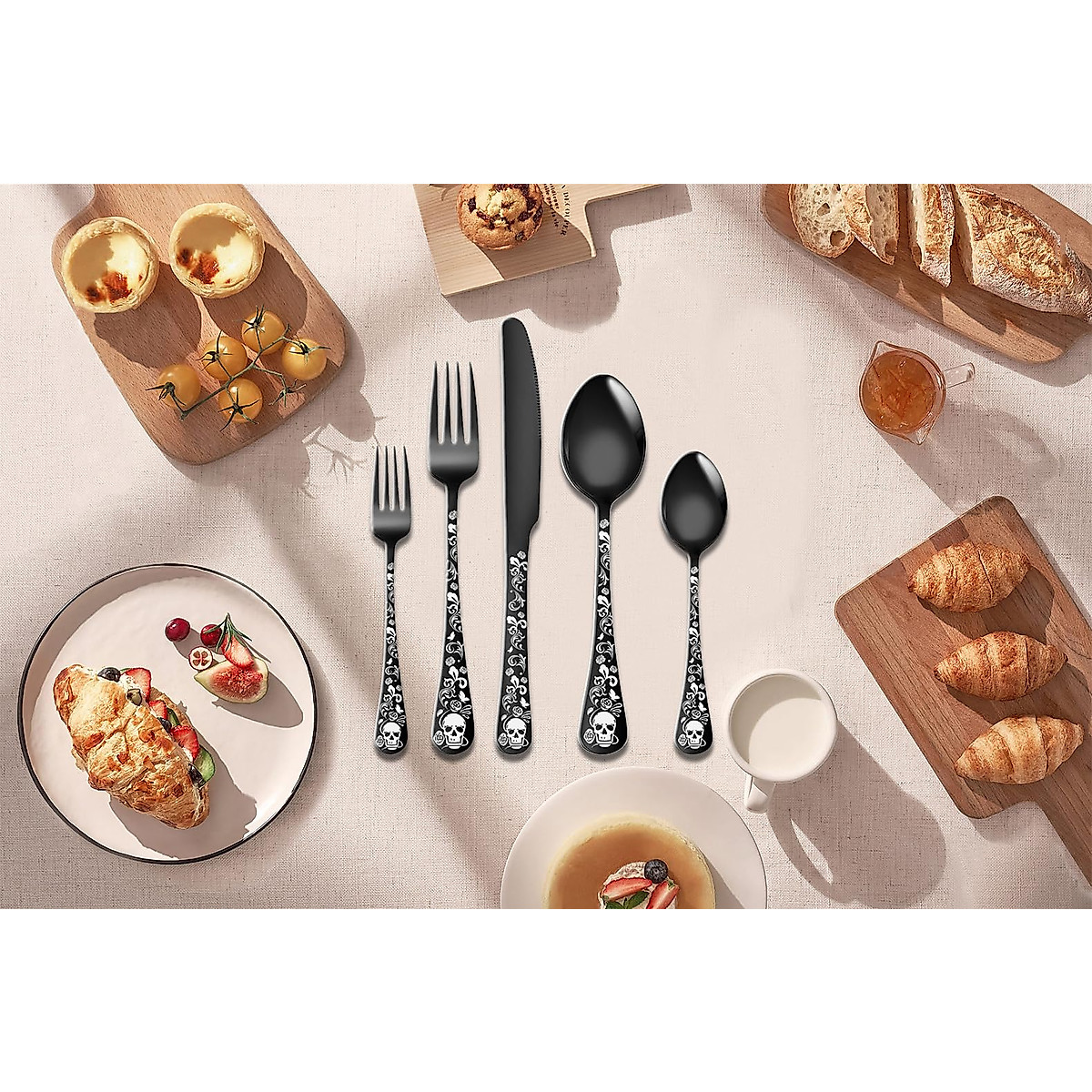 XIAOYU 20-Piece Bizarre Flatware Set, Gothic Skull Silverware Set for 4, Skeleton Flower Unique Pattern Design, Knives/Forks/Spoons Cutlery Set Halloween Event Tableware Utensils, Black
