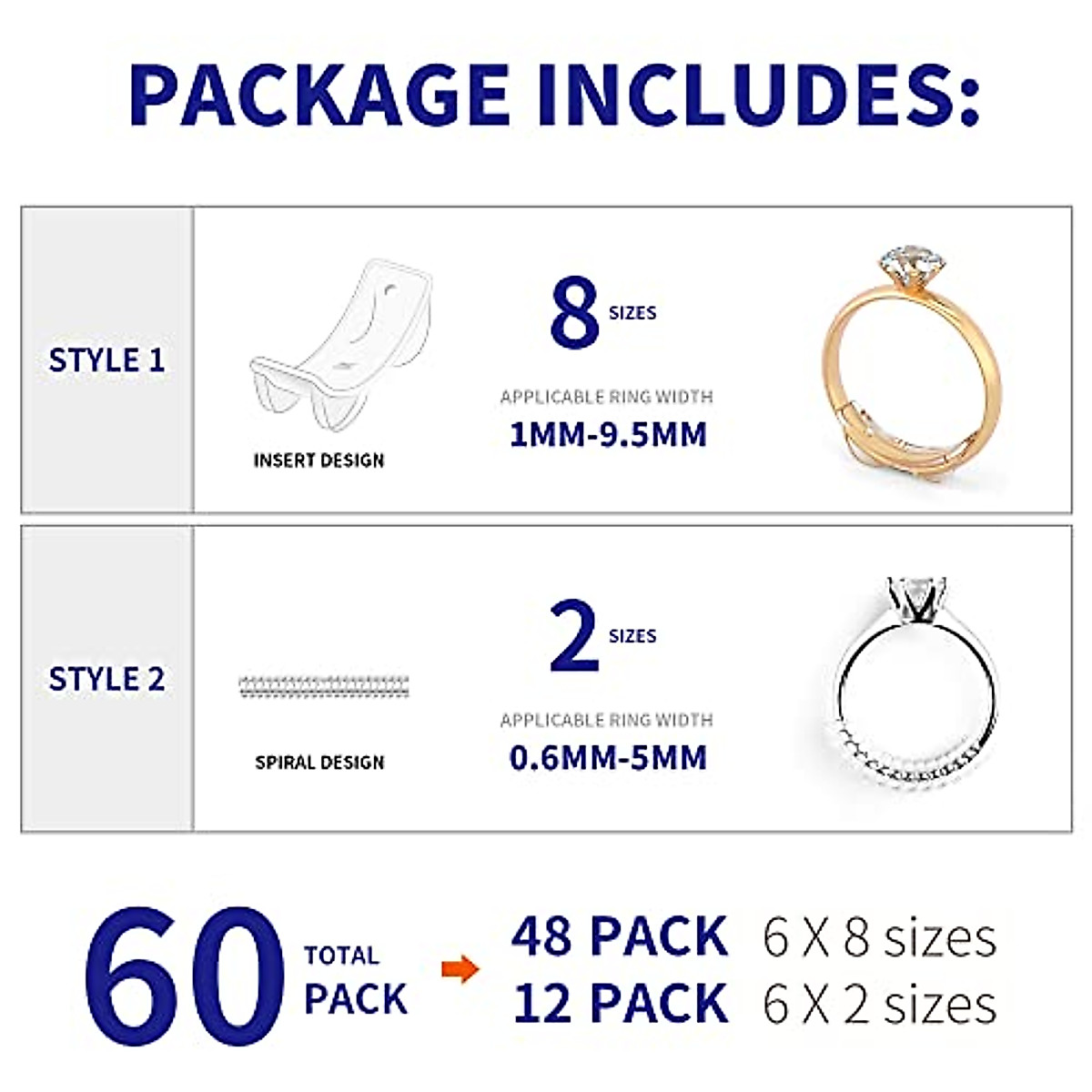 Ring Size Adjuster for Loose Rings - 60Pack, 2 Styles, Ring Guard, Ring Sizer, 10 Sizes Fit for Man and Woman Ring