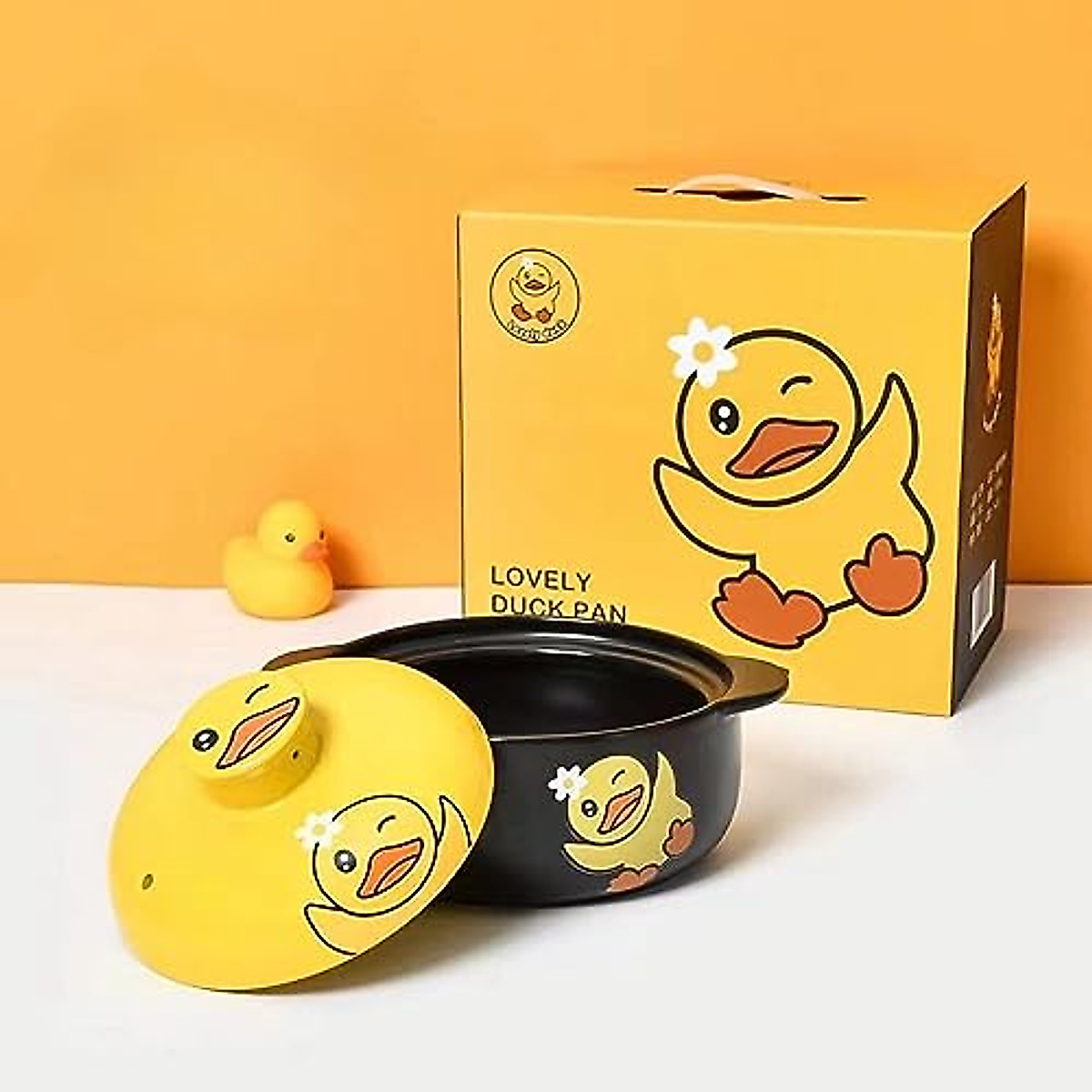 Korean Premium Duck Cartoon Ceramic Yellow Casserole Clay Pot with Lid, Perfect for Cooking Hot Pot, Dolsot Bibimbap, and Soup (2-Quarts)