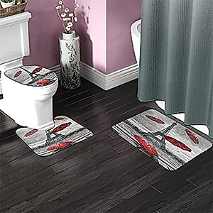 WONDERTIFY Eiffel Tower Flying Umbrellas Bathroom Antiskid Pad Rainy Romantic Paris 3 Pieces Bathroom Rugs Set, Bath Mat+Contour+Toilet Lid Cover Black White Red