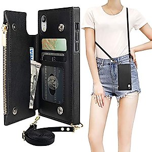Bocasal Crossbody Wallet Case for iPhone Xr with Card Holder,Zipper Card Slot Protector Shockproof Purse Cover with Removable Cross Body Strap 6.1 Inch(Black)