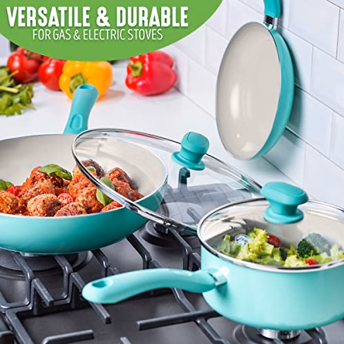 GreenLife Soft Grip Healthy Ceramic Nonstick, 14 Piece Cookware Pots and Pans Set, PFAS-Free, Dishwasher Safe, Turquoise