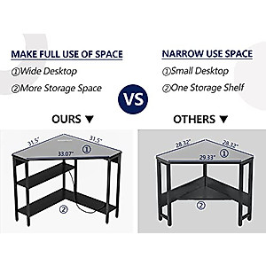 Auromie Corner Desk with Outlets & USB Ports, 90 Degree Triangle Corner Table with CPU Stand & Storage Shelves for Small Space, Computer Table with Charging Station for Home Office Bedroom (Black)