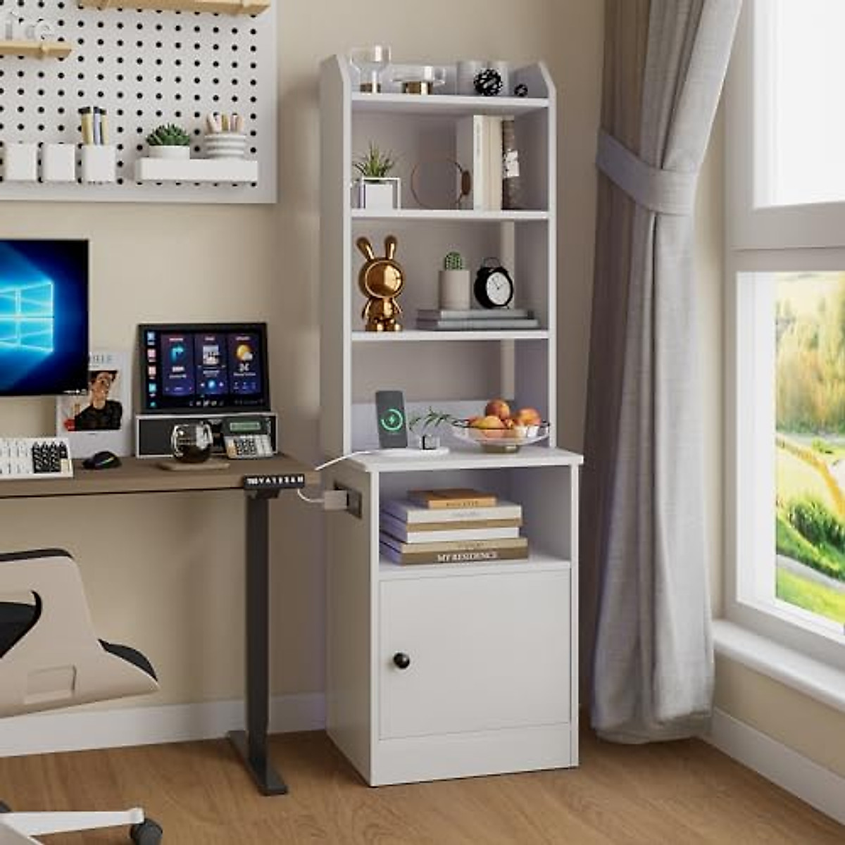 Aufvolr 6 Tier Bookshelf with Cabinet，Tall Night Stand with Charging Atation, Wood Book Shelf Storage Organizer, Modern Display Standing Shelf Unit for Bedroom, Living Room, Office (White)