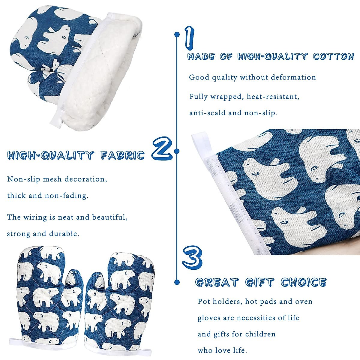 DOERDO 2 Pack Kid Oven Mitts for Children Heat Resistant Kitchen Mitts, Great for Cooking Baking, Age 4-12 (7"x4.7", Polar Bear)