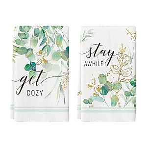 Artoid Mode Eucalyptus Get Cozy Stay Awhile Kitchen Towels, 18 x 26 Inch Holiday Spring Summer Wedding Daily Fingertip Towel Tea Bar Hand Drying Cloth Kitchen Bathroom Gift Set of 2