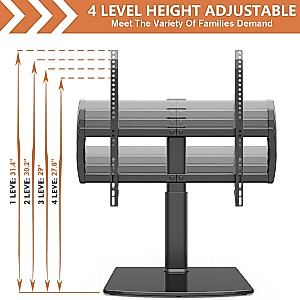 Universal Tabletop TV Stand with Wall Mount for 32 to 70 inch 4 Level Height Adjustable, Heavy Duty Tempered Glass Base, Holds up to 110lbs Screens, HT03B-002