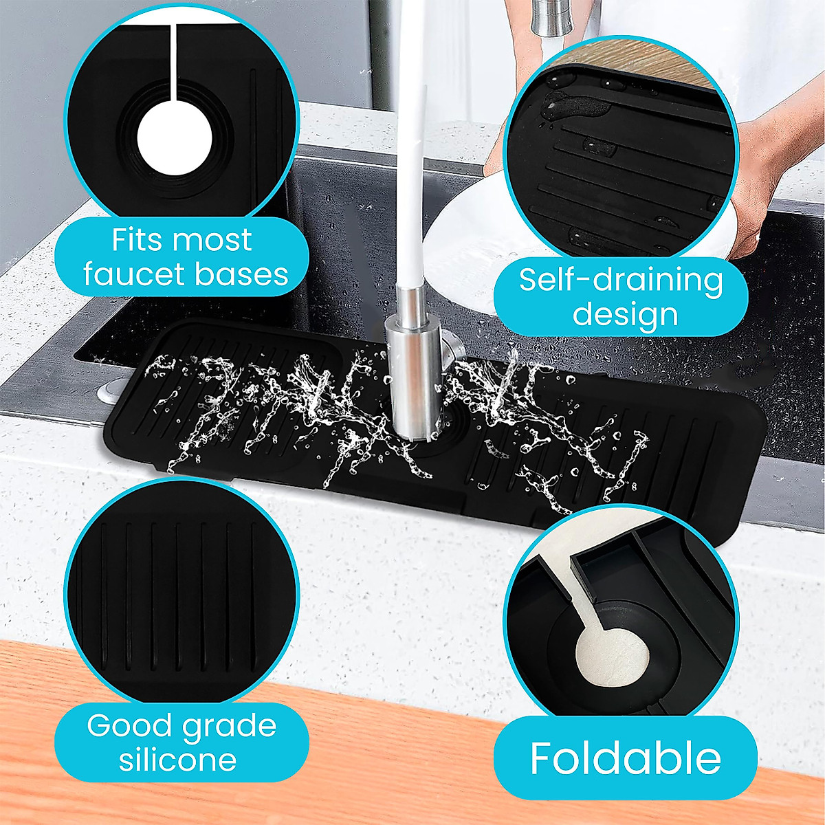 BULLMIND 7° Slope Kitchen Sink Splash Guard Behind Faucet | Sink Faucet Mat Splash Guard | Versatile Kitchen Faucet Splash Guard Accessory | Kitchen Splash Guard For Sink (17.7 x 5.5 inch, Black)