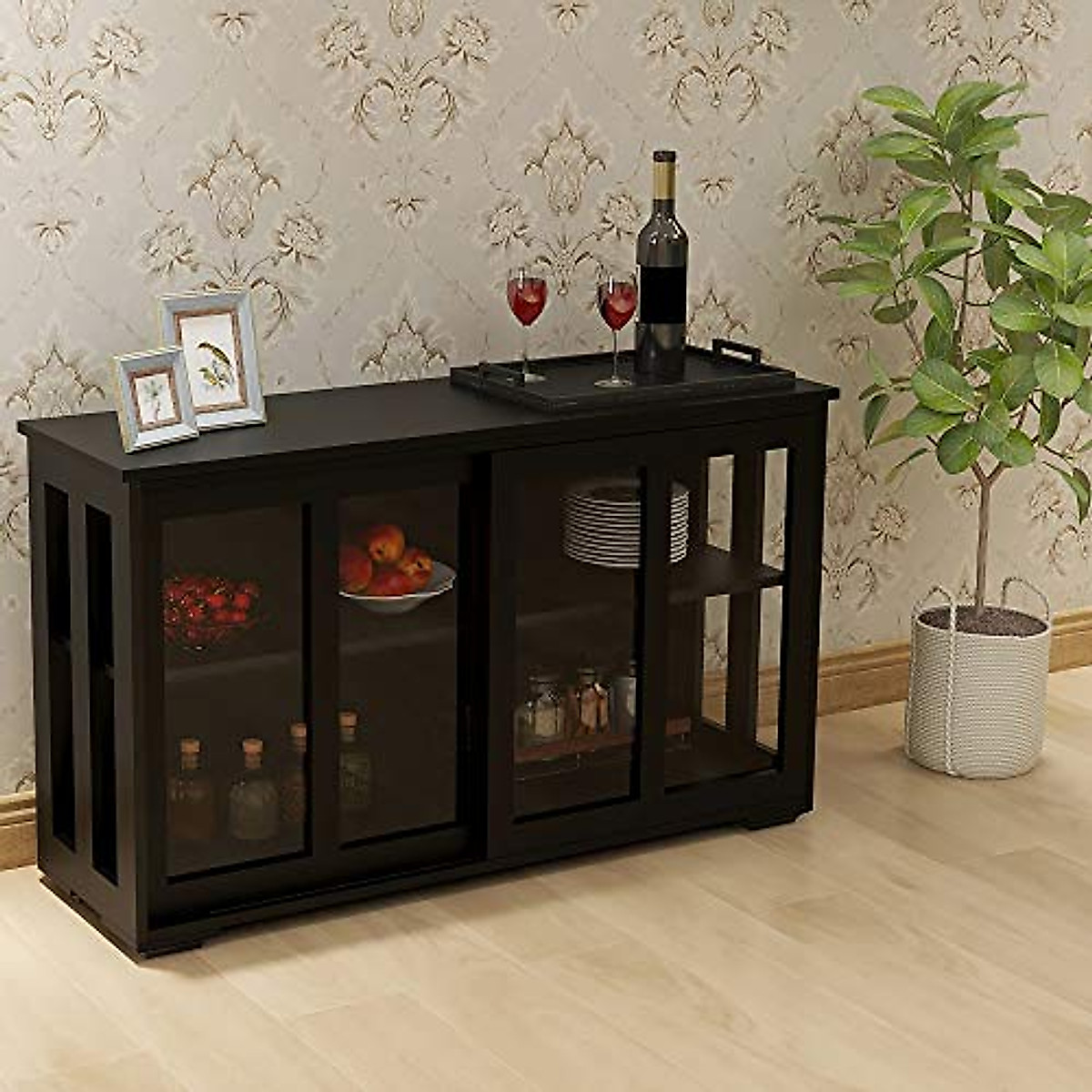 RASOO Buffet Sideboard with Sliding Glas Door and Adjustable Shelf Stackable Kitchen Storage Cabinet Antique Cupboard Kitchen Sideboard Storage Cabinet Home Furniture, Black