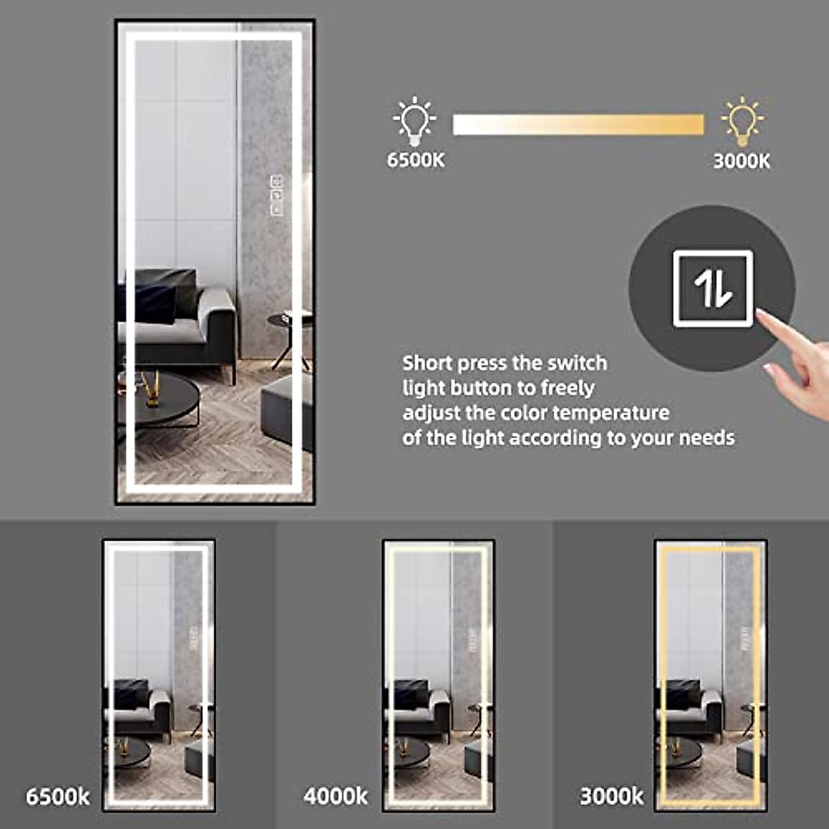 LAIYA 65”x 21” Full Length Wall Mirror with 3 Colors LED Light, Stand Up Body Mirror and Wall Full Body Mirror, Tall Full Size Mirror for Bedroom Cloakroom Gyms, Giant Floor Dressing Mirror