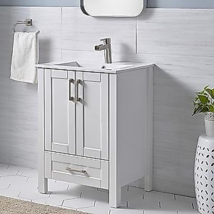 Popity home 24 Inch Small Bathroom Vanity with Sink, Modern White Bathroom Vanity, Wood Standing Bathroom Vanity Set with Ceramic Vessel Sink 2 Doors 1 Drawer