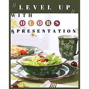 KUNABOO Artisanal Ceramic Soup Bowl, Dinner Bowls Ceramic, Dinner Bowls Set of 4-14 oz - Sakura Floral Series Pine Green - Ready to Wrap Gift