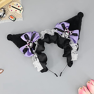 WW-WONDERFULWORLD Cat Ears Headband With Bows & Lace Ribbons, Lolita Headwear for Kuromi Cartoon Costume Cosplay Party for Kids & Women Girls Kids, (Soft Faux Fur Plush Fox Ears), KLM