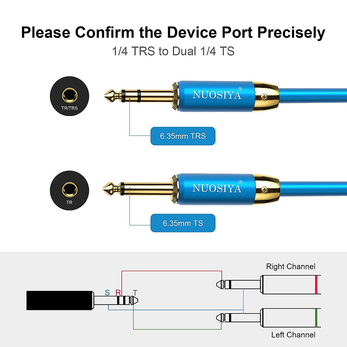 NUOSIYA 1/4 Insert Cable, 6.35mm 1/4" TRS to Dual 6.35mm 1/4" TS Mono Stereo Y-Cable Splitter Cord Compatible for Speaker,Amplifier, Home Stereo Systems -6.5ft