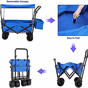 Collapsible Utility Wagon, Heavy Duty Folding Portable Push and Pull Hand Cart with Removable Canopy, for Shopping, Picnic, Beach, Camping, Red (Blue