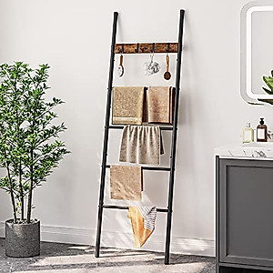 HOOBRO Blanket Ladder, 5-Tier Ladder Shelf, Wall-Leaning Rack, Decorative Ladder with 4 Removable Hooks, for Bathroom, Metal Frame, Rustic Brown BF61CJ01