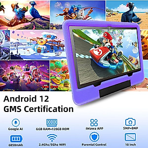 OUZRS Kids Tablet Android 12 Kid Tablet 128GB ROM 1TB Extensions 6GB RAM 6850mAh,5G Dual WiFi GSM Certification with Protective Case for 10 Inch Tablet Child's Learning and Entertainment(Purple)