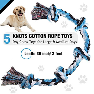 XIGOU Dog Rope Toys for Large Dogs Aggressive Chewers, Dog Chew Toys for Large Breed Indestructible, Heavy Duty Tough 3 Feet 5 Knots Dog Toy, Sturdy Rope toy for Dogs Tug of War Dog Toy Teeth Cleaning