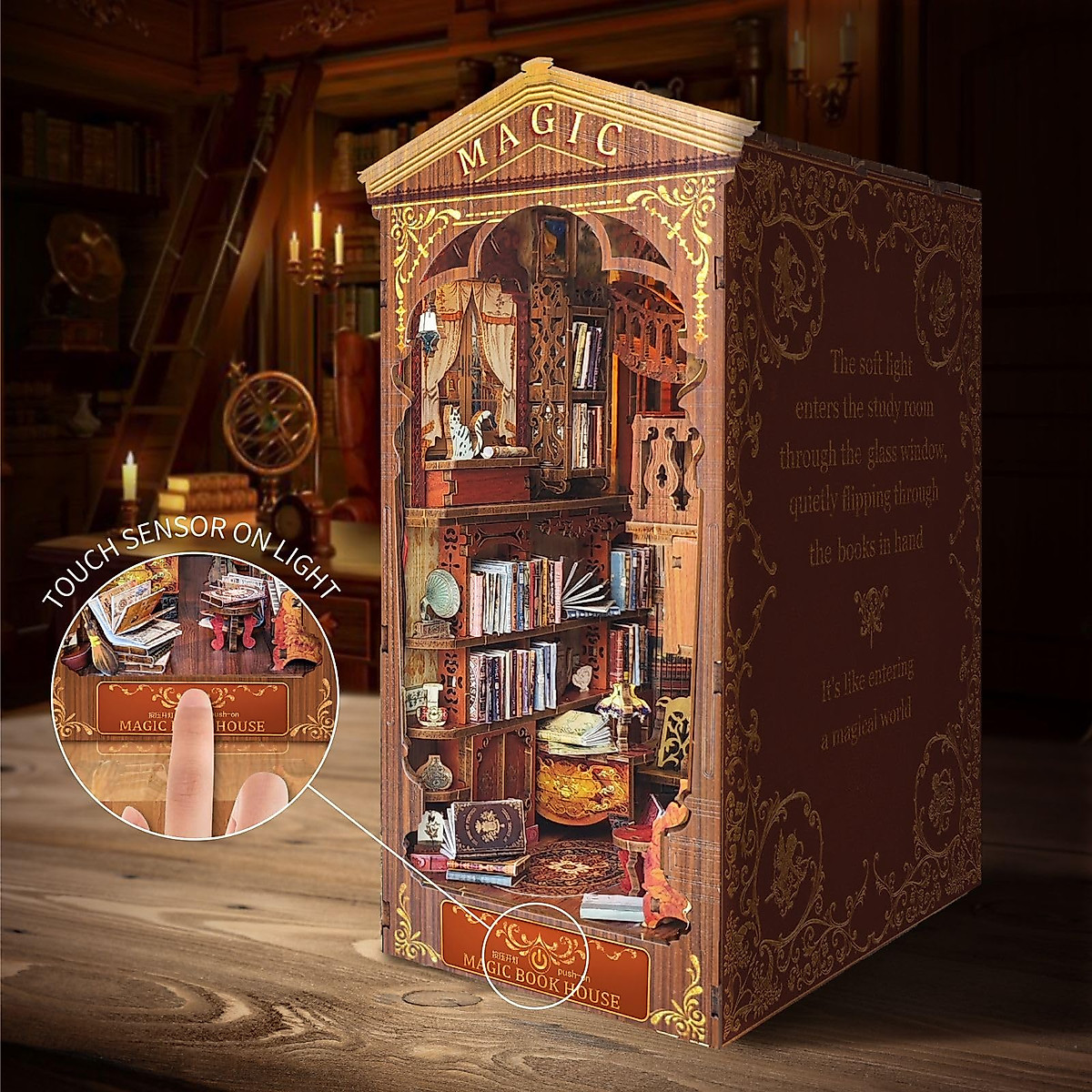 Book Nook Kit, DIY 3D Bookshelf Insert Decor, Wooden Puzzle Dollhouse with Sensor LED Light, Bookend Building Set for Teens Adults - Magic Book House