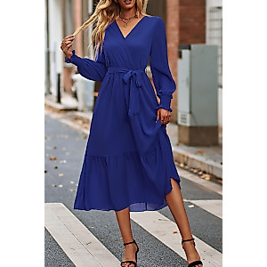 PRETTYGARDEN Women's Floral Print Boho Dress Long Sleeve Wrap V Neck Ruffle Belted A-Line Flowy Maxi Dresses (Solid Blue,Large)