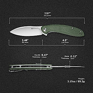 SENCUT San Angelo Pocket Knife Folding Knife for EDC, Green Micarta Handle Satin 9Cr18MoV Blade , Liner Lock Small Knife with Clip for Men Women, Lightweight Foldable Everyday Carry Knife for Indoor Outdoor Gift S21003-3