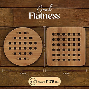 Alpine Cuisine Bamboo Trivet 2pc Set Round & Square 15cm - Hot Plate Trivet for Kitchen, Heat-Resistant Trivet Mats for Home Kitchen, Coffee Table, Living Room, Bar, Hot Dishes, Pot, Bowl, & Teapot