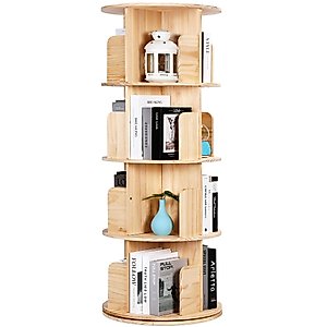 Rengue Rotating Bookshelf Tower, 4 Tiers Floor Standing Bookcase Storage Rack, 360 Display Round Spinning Bookshelf with Detachable Feet for Small Space, Bedroom, Living Room, Office