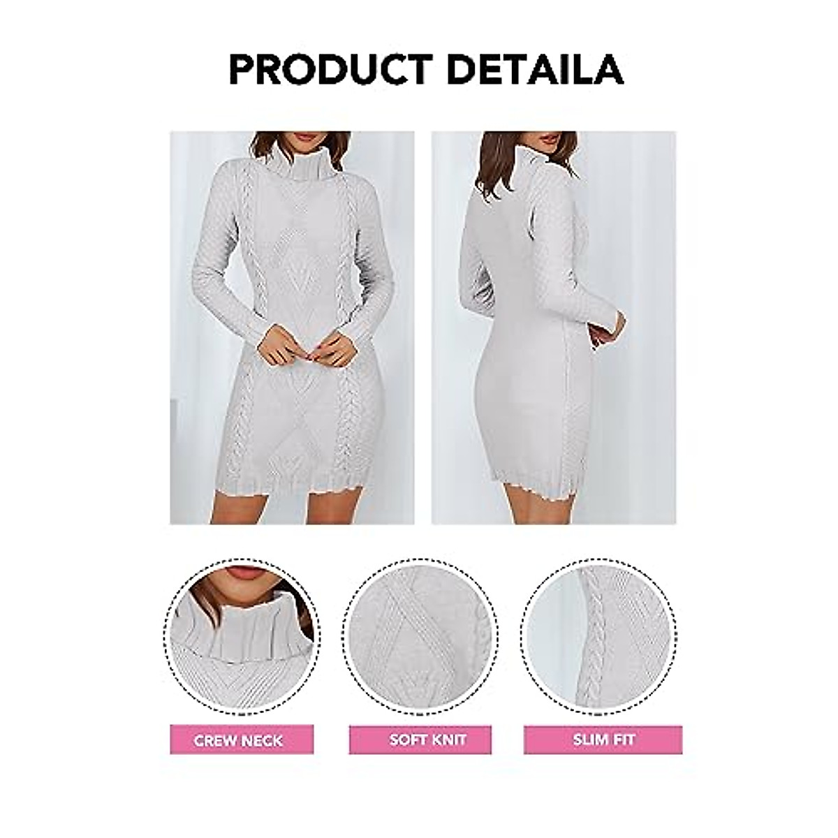LaSuiveur Women's Slim Fit Cable Knit Long Sleeve Sweater Dress (S, Turtleneck Light Grey)