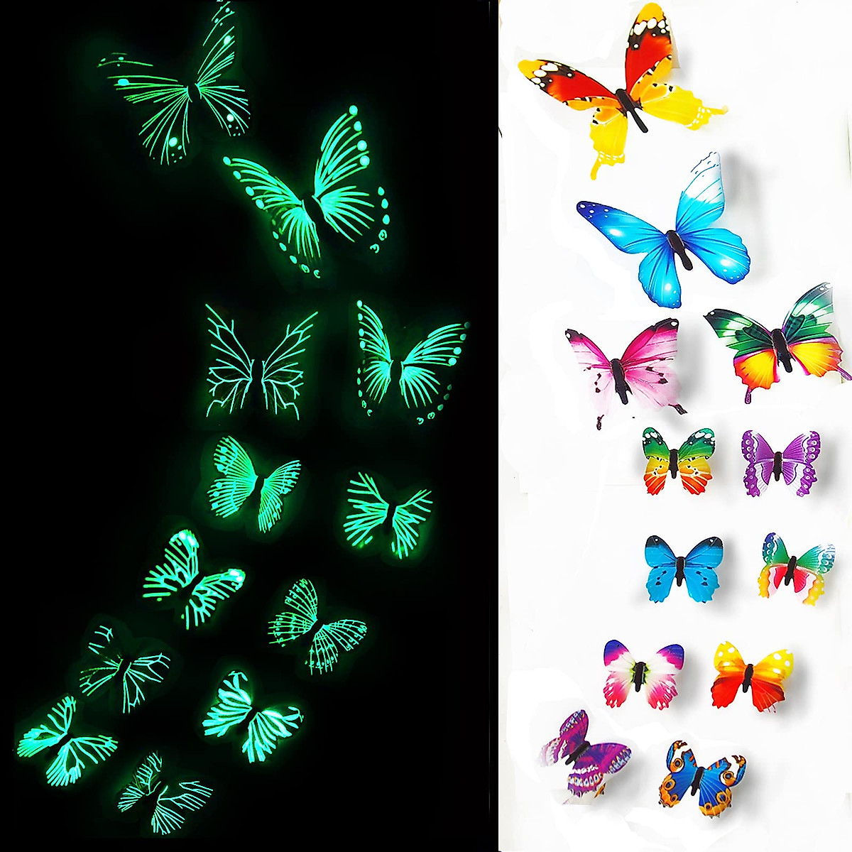 3D Butterfly Stickers, Glow in The Dark Butterfly Decals for Ceiling or Wall Decor, Adhesive 12pcs Butterflies for Kids Bedroom Nursery Living Room, Create a Realistic Butterflyry Home