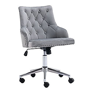 Home Office Chair Swivel Accent Armchair Velvet Upholstered Tufted Chairs Mid Back Ergonomic Study Task Seat Morden Computer Desk Stools w/Nailhead Trim for Living Room Bedroom (Grey)