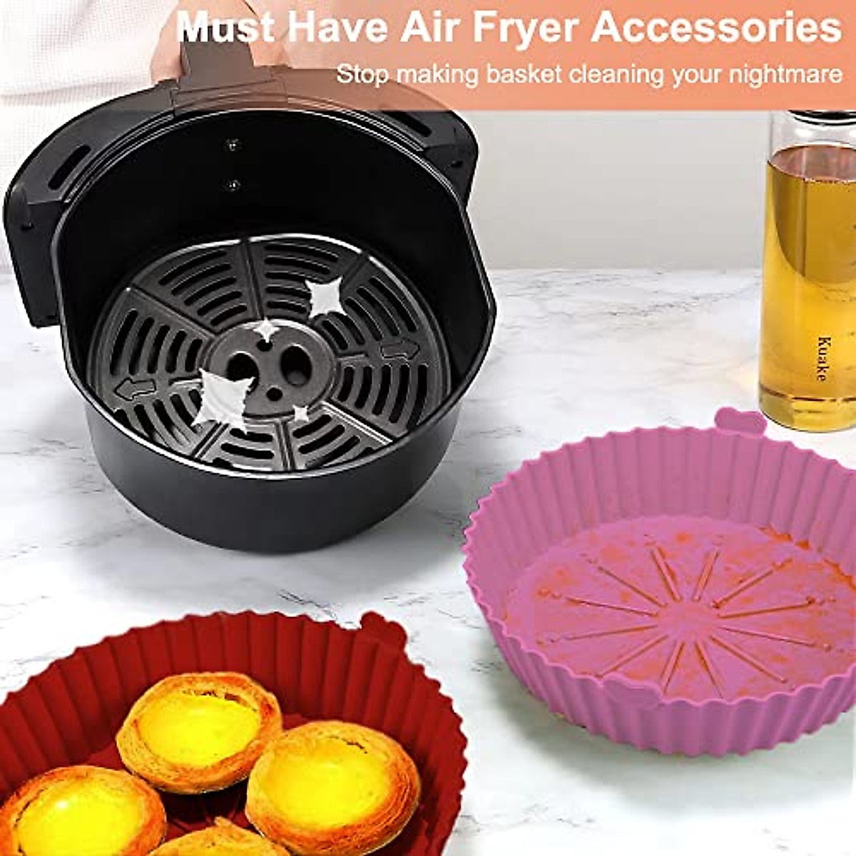 2-Pack 7.2 inch Air Fryer Silicone Liner Silicone Air Fryer Basket Heat Resistant, Reusable Air fryers Silicone Pot Round - Food Safe Air fryer Oven Accessories (Red+Pink)