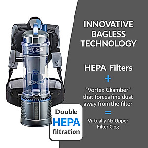 Prolux 2.0 Standard Bagless Backpack Vacuum Cleaner, Lightweight & Comfortable for Residential & Industrial Use, Double HEPA Filtration, Multiple Attachments, Padded Straps