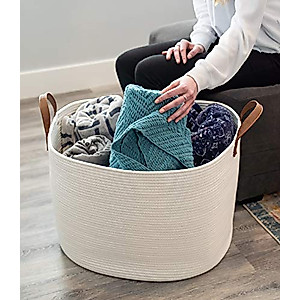 Sweetzer & Orange Extra Large Woven Cotton Rope Storage Basket – 23”x20.5”x15.5” w/Vegan Handles - Blanket Storage Baskets, Laundry and Toy Storage, Nursery Hamper - Off White XXL for Living Room
