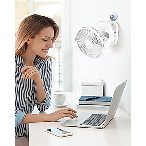 Portable Clip on Fan, Oscillating ＆ 120° Rotate Battery Operated Stroller Fan, 4 Speed Quiet Mini Personal Desk Fan, USB Rechargeable Fan for Outdoor Camping Golf Cart Stroller Home Office White