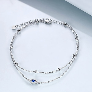 POPLYKE 925 Sterling Silver Evil Eye Anklets Double Layered chain for Women birthday gifts Summer Beach dainty Jewellery
