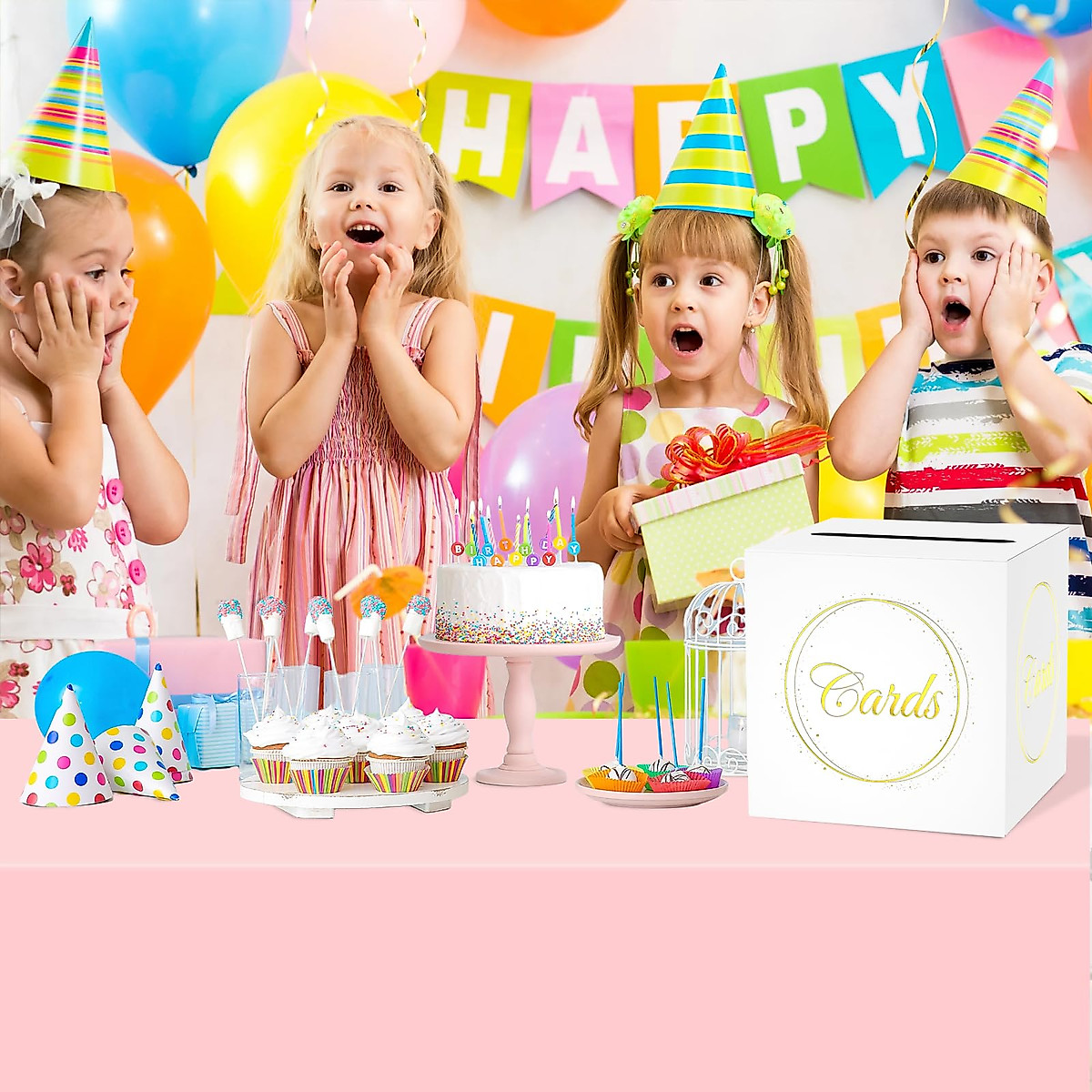 White Card Box for Party, 8.7" Circle Gold Foil Design Gift Cards Receiving Box Holder for Wedding, Bridal Shower, Graduation, Birthday, Retirement, Baby Shower, Anniversaries Party Decorations