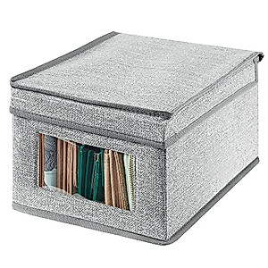 mDesign Soft Fabric Stackable Closet Storage Organizer Box with Clear Window and Attached Hinged Lid for Bedroom, Hallway, Entryway, Closets, 6 Pack - Gray