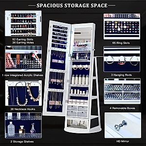 Dystler 360° Swivel Jewelry Cabinet with 6LED Lights, Rotatable Full Length Mirror with Jewelry Storage, Lockable Standing Jewelry Armoire Organizer, Foldable Makeup Shelf& Built-in Small Mirror,White