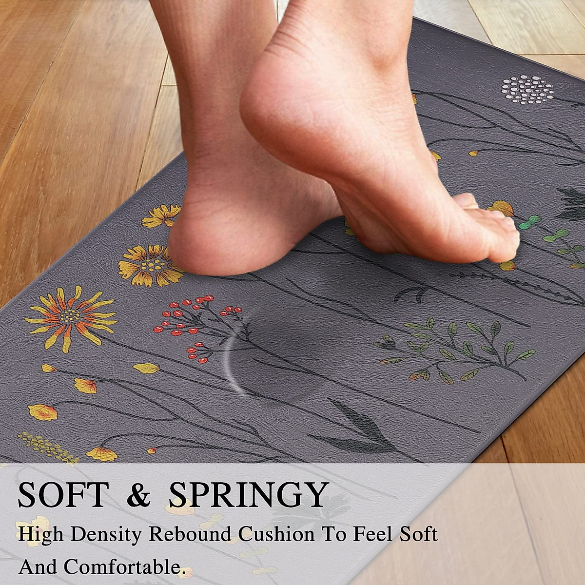 Rempry Kitchen Rugs and Mats Set of 2, Colorful Flowers , Non Slip Cushioned Anti-Fatigue Floor Mats for Kitchen Sink Office, 17"x47"+17"x29"