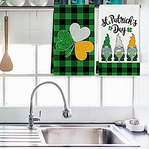 AnyDesign St. Patrick's Day Kitchen Towel 18 x 28 Inch Irish Color Gnome Shamrock Dish Towel 18 x 28 Inch Green Black Buffalo Plaids Hand Drying Tea Towel for Cooking Baking Cleaning Wipes, 2 Pack